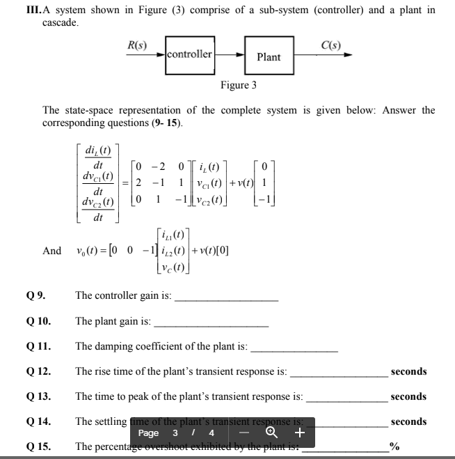 Solved III.A system shown in Figure (3) comprise of a | Chegg.com