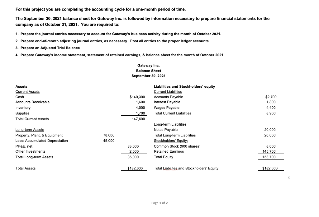 Solved For this project you are completing the accounting | Chegg.com