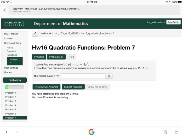 Solved IPad 10 30 100 WeBWorK mth 103 Ss18 86820 Chegg