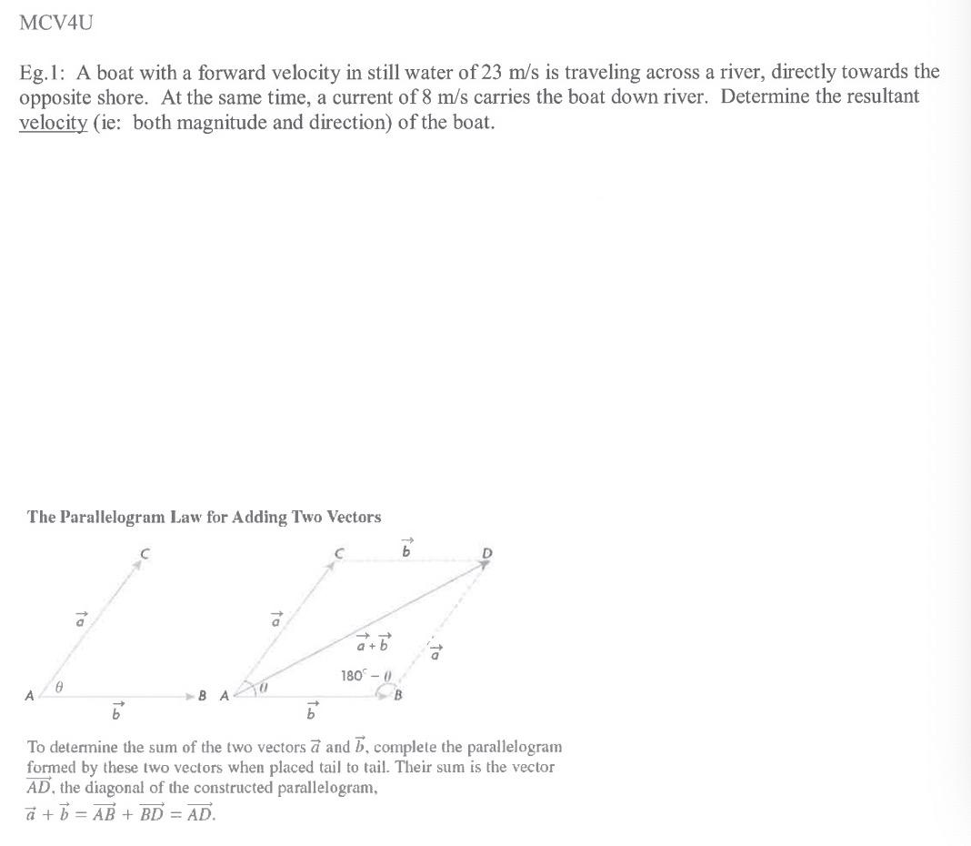 Solved MCV4U Eg.1: A boat with a forward velocity in still | Chegg.com