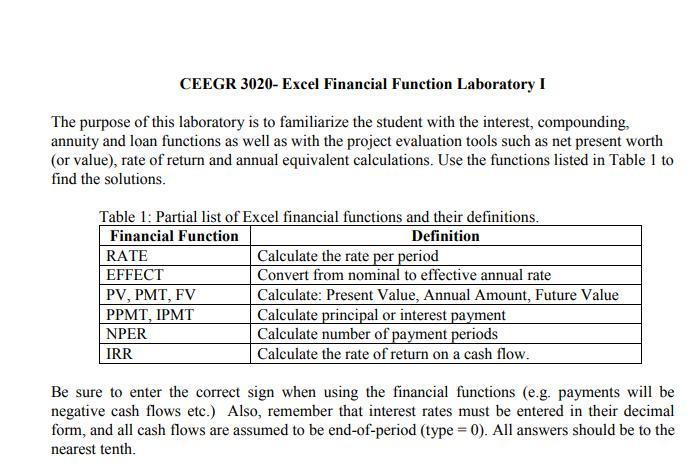 Solved CEEGR 3020- Excel Financial Function Laboratory I The | Chegg.com
