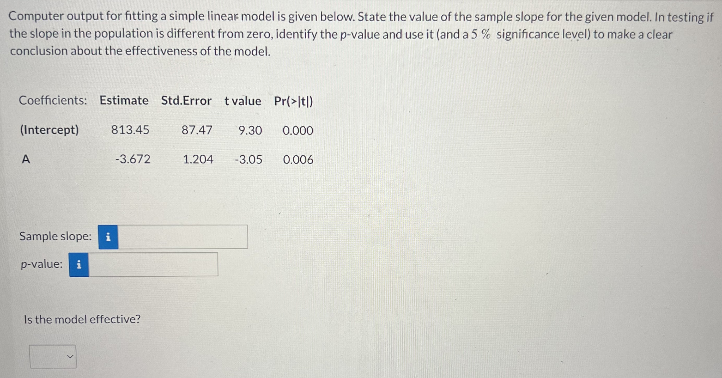 Solved Computer output for fitting a simple lineak model is | Chegg.com
