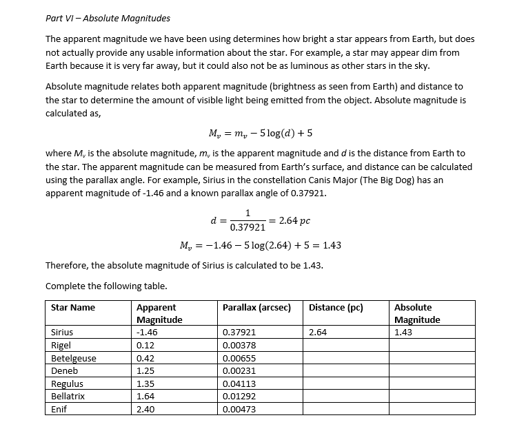 Solved Part VI -Absolute Magnitudes The apparent magnitude | Chegg.com