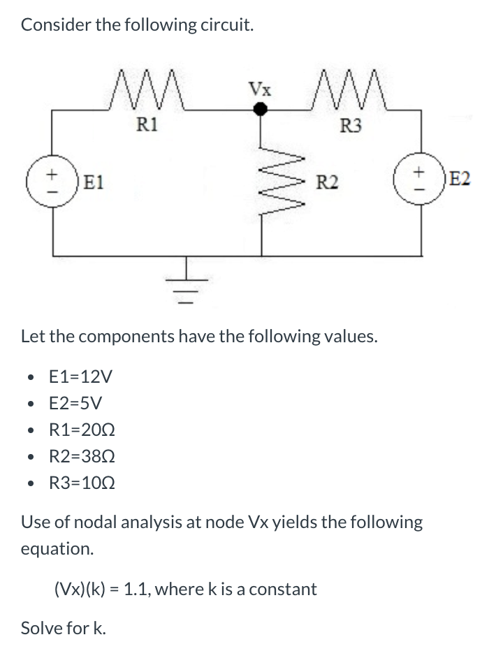 Solved Consider the following circuit. М. Vx R1 R3 +1 E1 R2 | Chegg.com