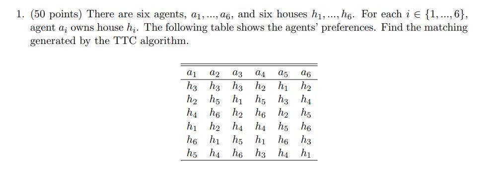 Solved 1. (50 points) There are six agents, a1,…,a6, and six | Chegg.com