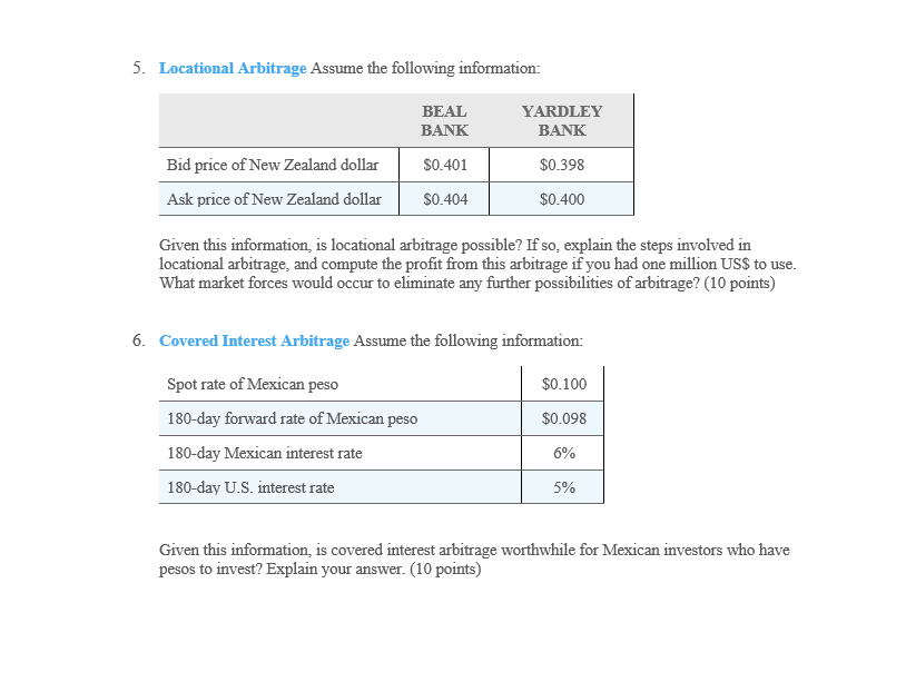 Solved 5. Locational Arbitrage Assume the following | Chegg.com