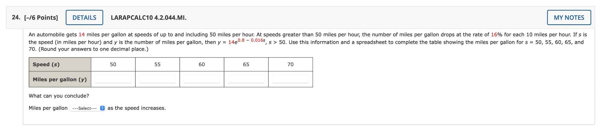 Solved 24. [-/6 Points] DETAILS Speed (s) Miles per gallon | Chegg.com