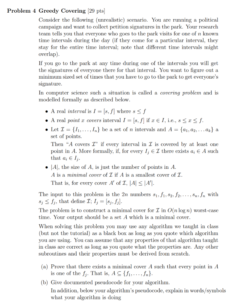 Solved Problem 4 Greedy Covering (29 pts] Consider the | Chegg.com