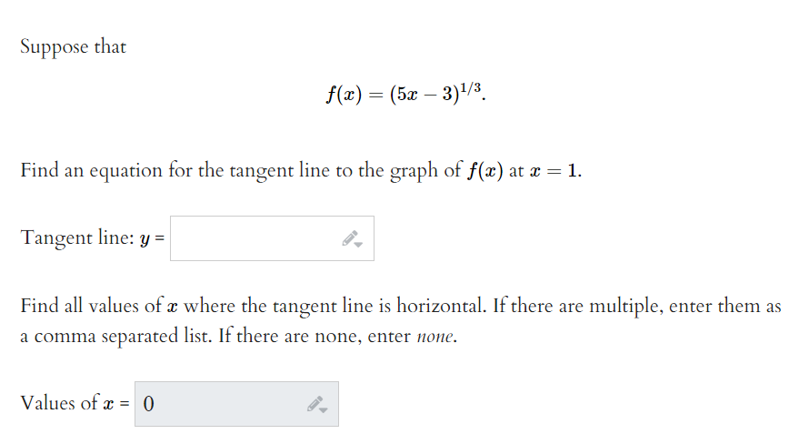 Solved Suppose that f(x)=(5x−3)1/3 Find an equation for the | Chegg.com