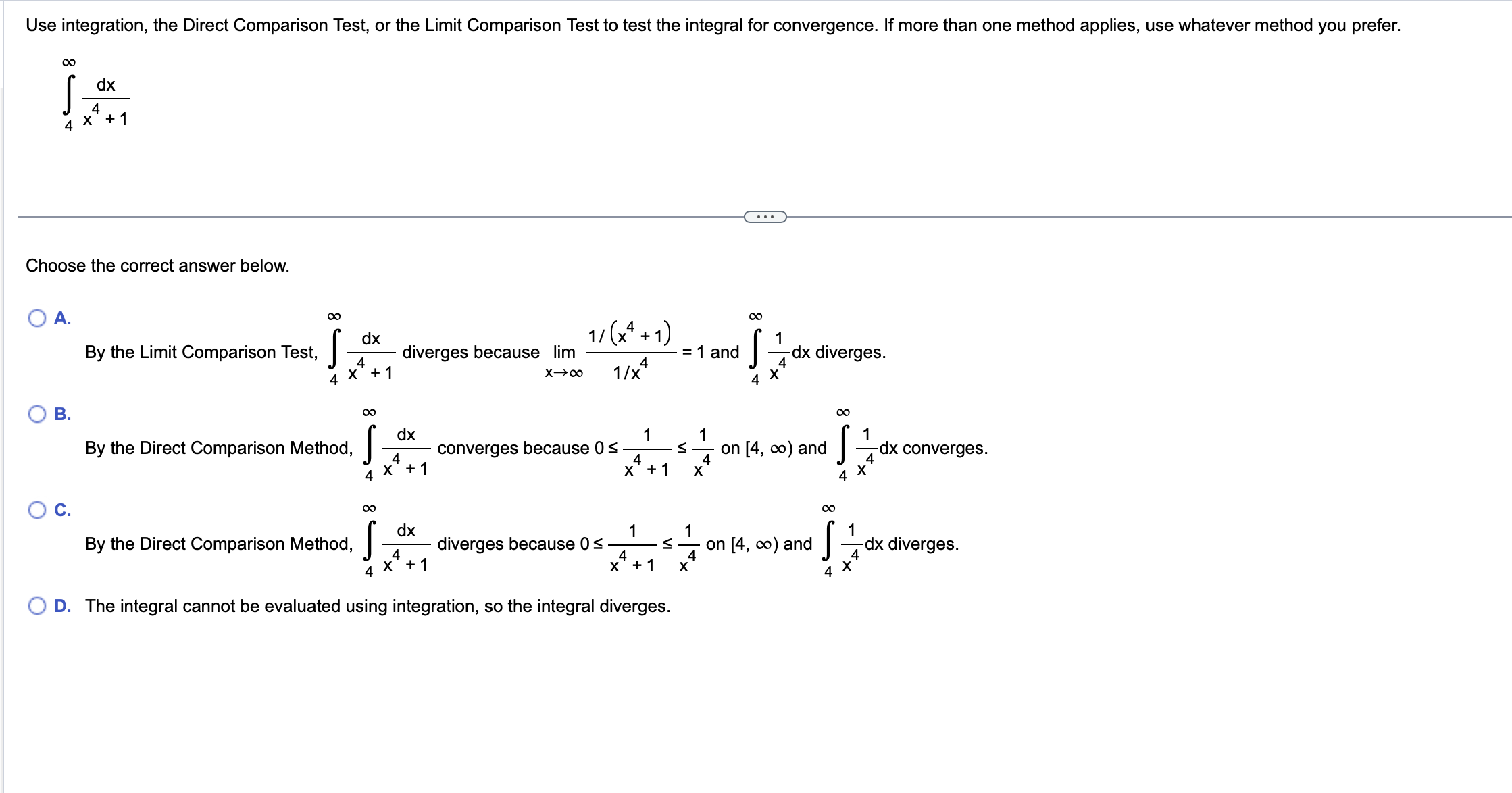 Use integration, the Direct Comparison Test, or the | Chegg.com