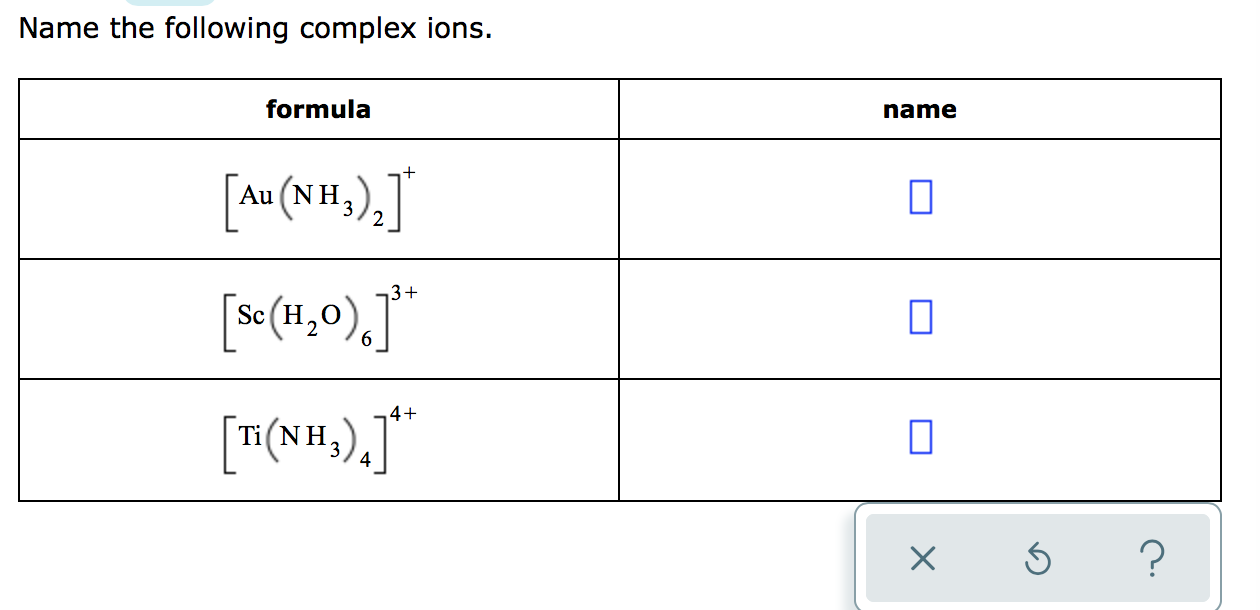 Solved Name the following complex ions. formula name [Au | Chegg.com