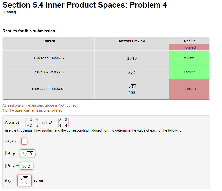 Solved Section 5.4 Inner Product Spaces: Problem 4 (1 point) | Chegg.com