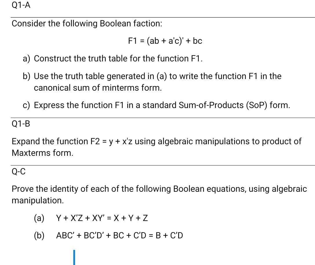 Solved Q1-A Consider the following Boolean faction: F1 = (ab | Chegg.com