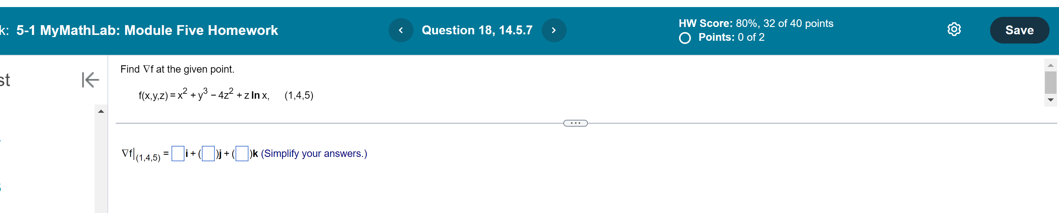 Solved k: 5-1 MyMathLab: Module Five Homework Find ∇ f at | Chegg.com