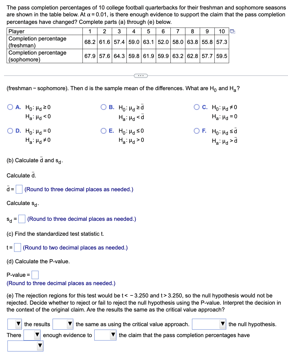 Solved The pass completion percentages of 10 college | Chegg.com