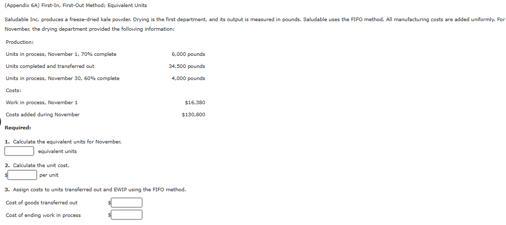 Solved (Appendix 6A) ﻿First-In, ﻿First-Out Method; | Chegg.com