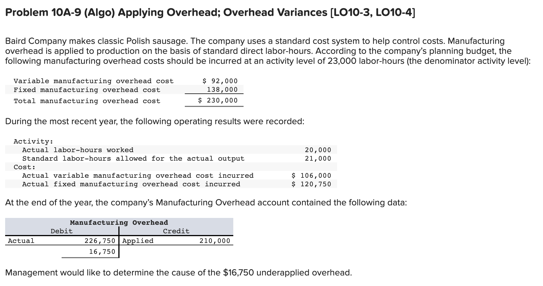 Solved Problem 10A-9 (Algo) Applying Overhead; Overhead | Chegg.com