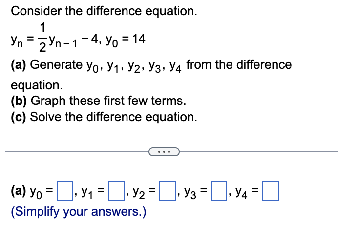 Solved yn=12yn-1-4,y0=14(a) ﻿Generate y0,y1,y2,y3,y4 ﻿from | Chegg.com