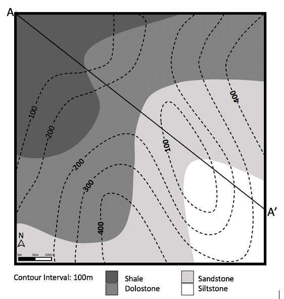 Solved Draw a geologic cross section, including topography, | Chegg.com