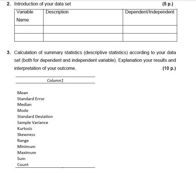 Solved 2. Introduction of your data set (5 p.) 3. | Chegg.com
