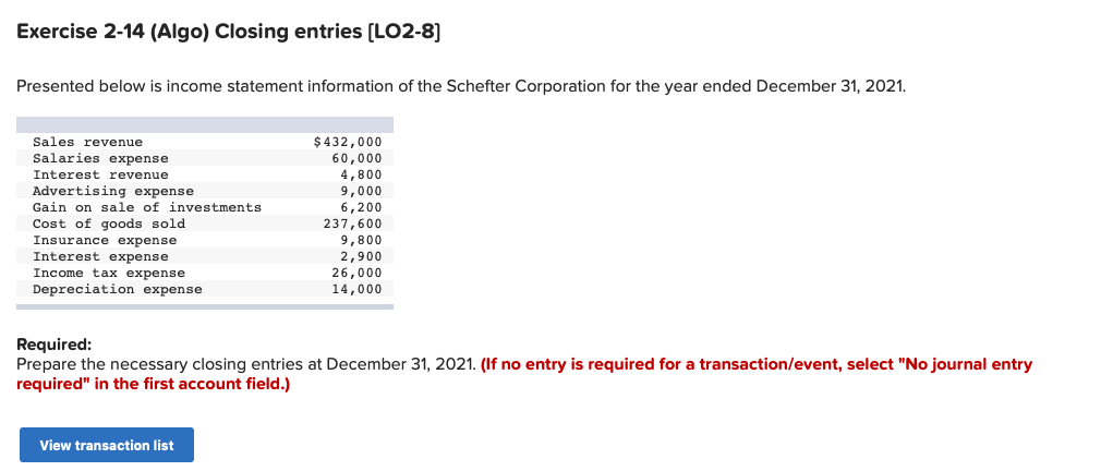 Solved Exercise 2-14 (Algo) Closing entries (LO2-8] | Chegg.com