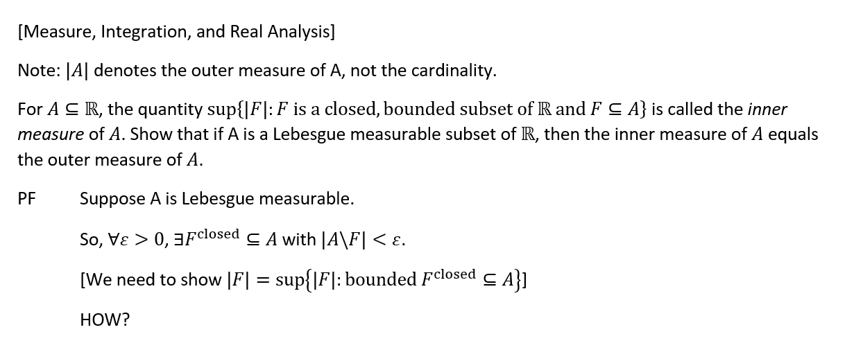 Solved [Measure, Integration, and Real Analysis] Note: |A| | Chegg.com