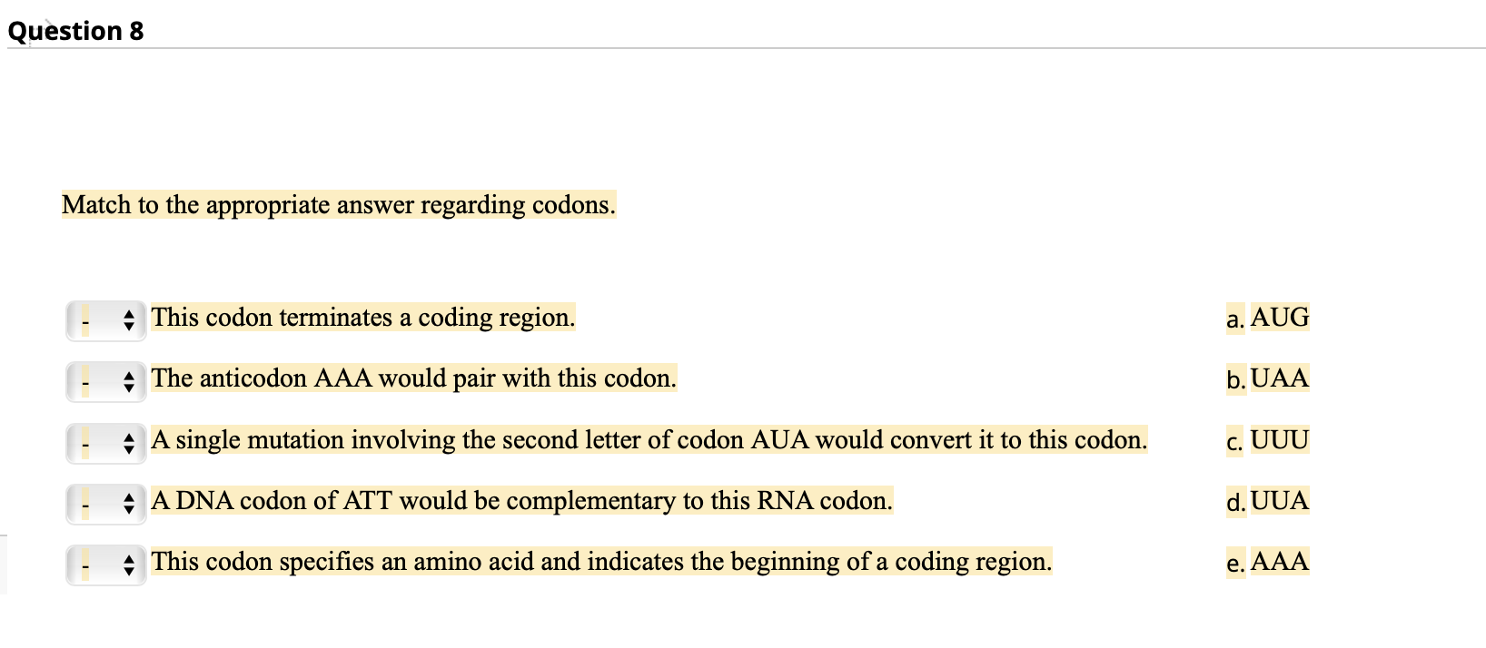 Solved Match to the appropriate answer regarding codons. | Chegg.com