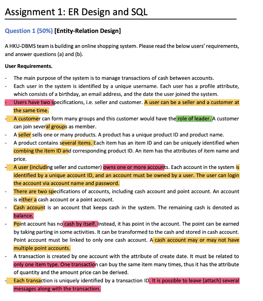 Solved Assignment 1: ER Design and SQL Question 1 (50%) | Chegg.com