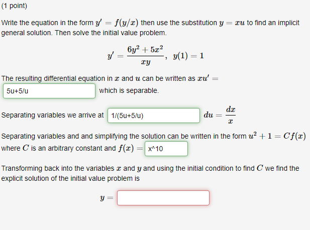 Solved (1 point) Write the equation in the form y′=f(y/x) | Chegg.com