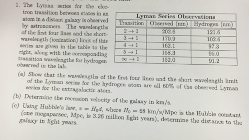 Solved 1. The Lyman series for the elec- tron transition | Chegg.com