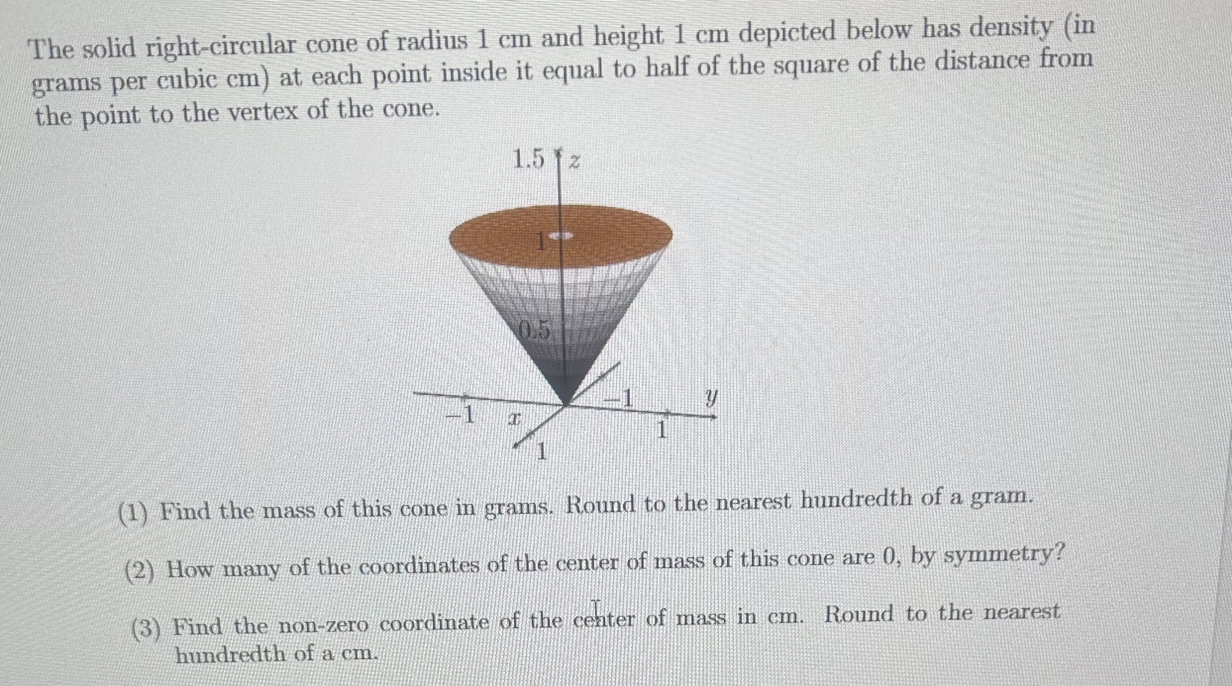 Solved The solid right-circular cone of radius 1 cm and | Chegg.com