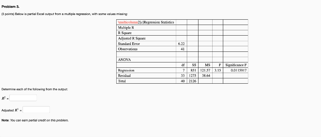 Solved Problem 3 3 Points Below Is Partial Excel Output 1119