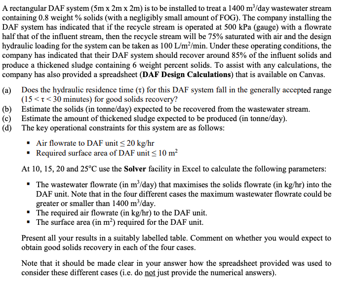 A rectangular DAF system (5m x 2m x 2m) is to be | Chegg.com