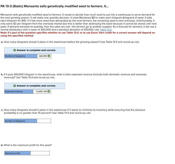 Solved PA 13-3 (Static) ﻿Monsanto sells genetically modified | Chegg.com