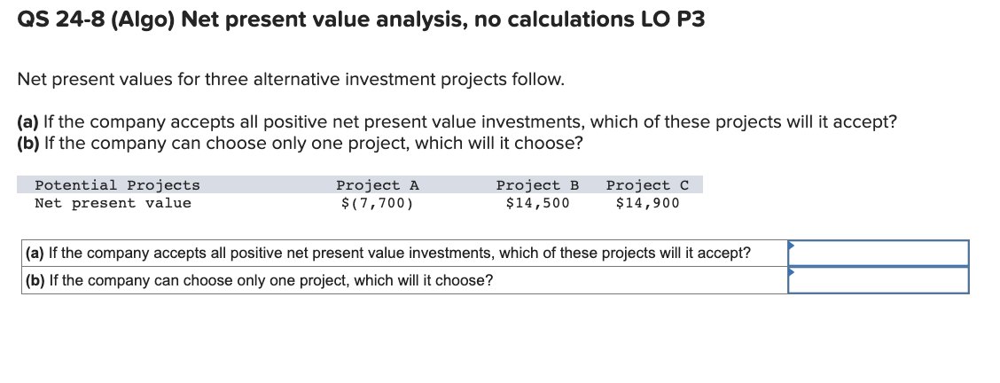 Solved QS 24-8 (Algo) Net present value analysis, no | Chegg.com