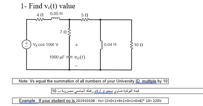 Solved 1- ﻿Find vc(t) ﻿valueNote: Vs equal the summation of | Chegg.com