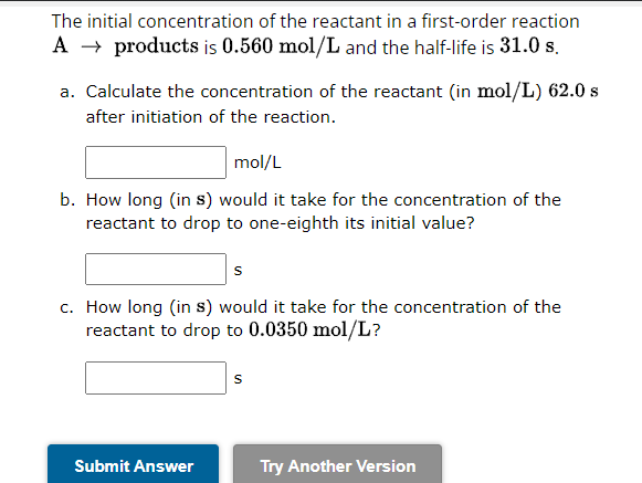 Solved The initial concentration of the reactant in a | Chegg.com