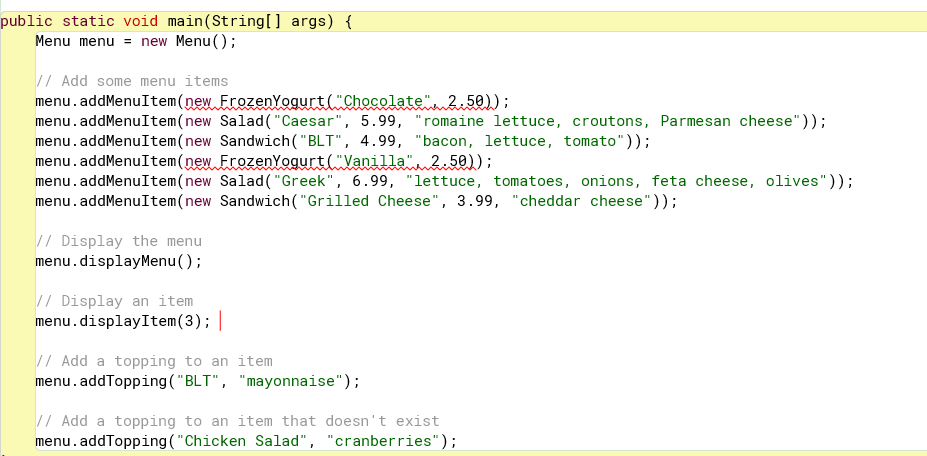 Solved dblic static void main(String[] args) Menu menu = new | Chegg.com