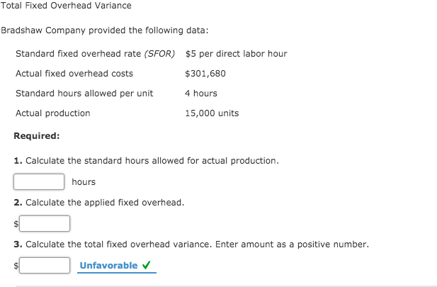 Solved Total Fixed Overhead Variance Bradshaw Company | Chegg.com