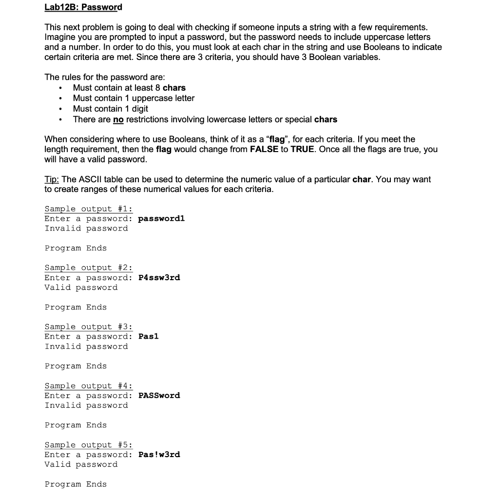 Solved Lab12B: Password This next problem is going to deal | Chegg.com
