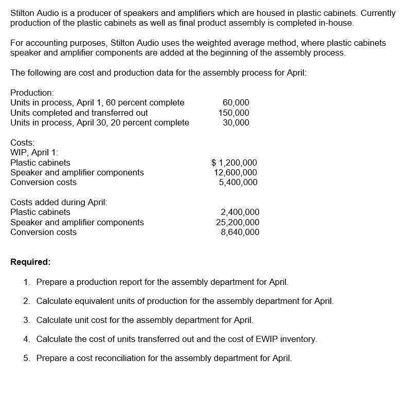 Solved Stilton Audio is a producer of speakers and | Chegg.com