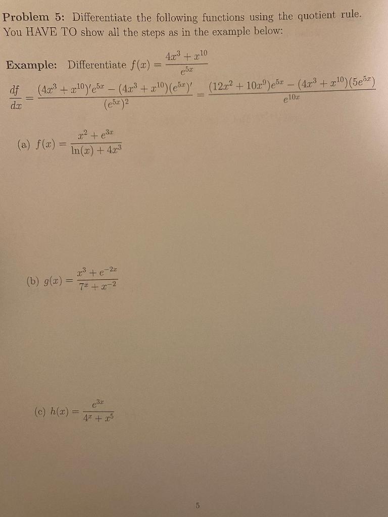 Solved Problem 5: Differentiate the following functions | Chegg.com