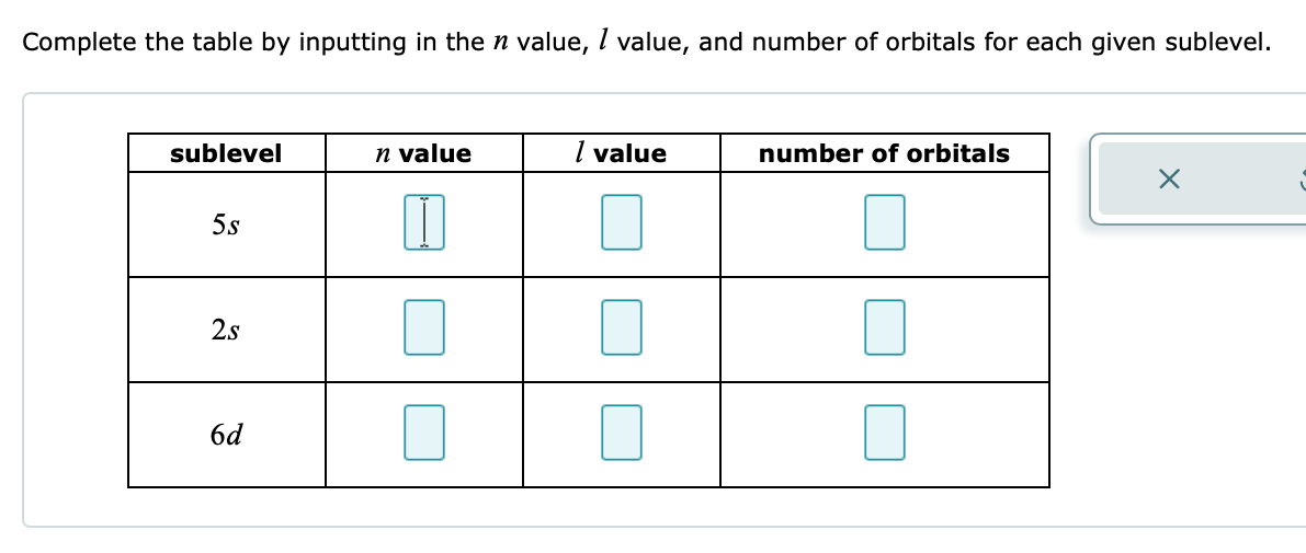 Solved Complete the table by inputting in the n value, l | Chegg.com