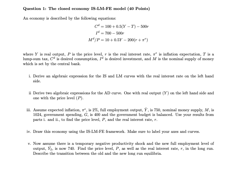 Question 1: The closed economy IS-LM-FE model (40 | Chegg.com