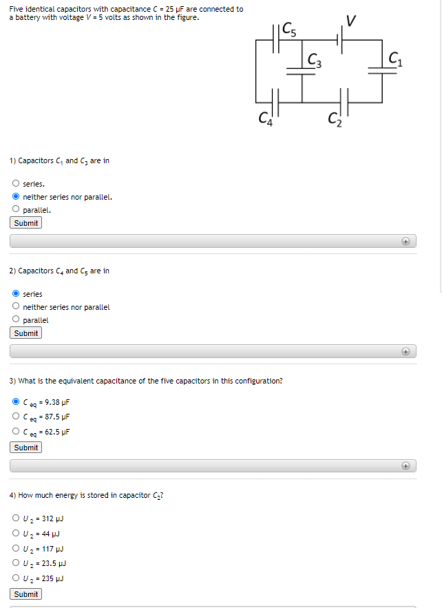 Solved Five identical capacitors with capacitance C = 25 uF | Chegg.com