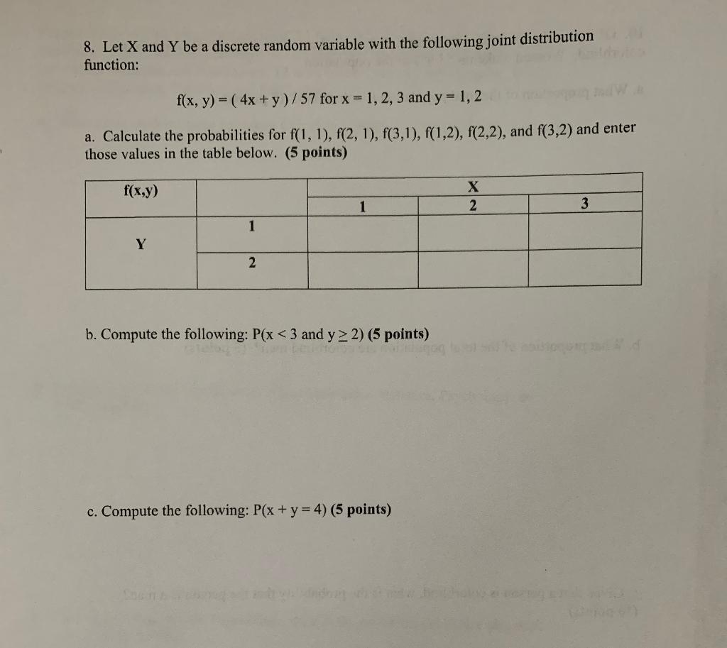 Solved 8. Let X and Y be a discrete random variable with the | Chegg.com