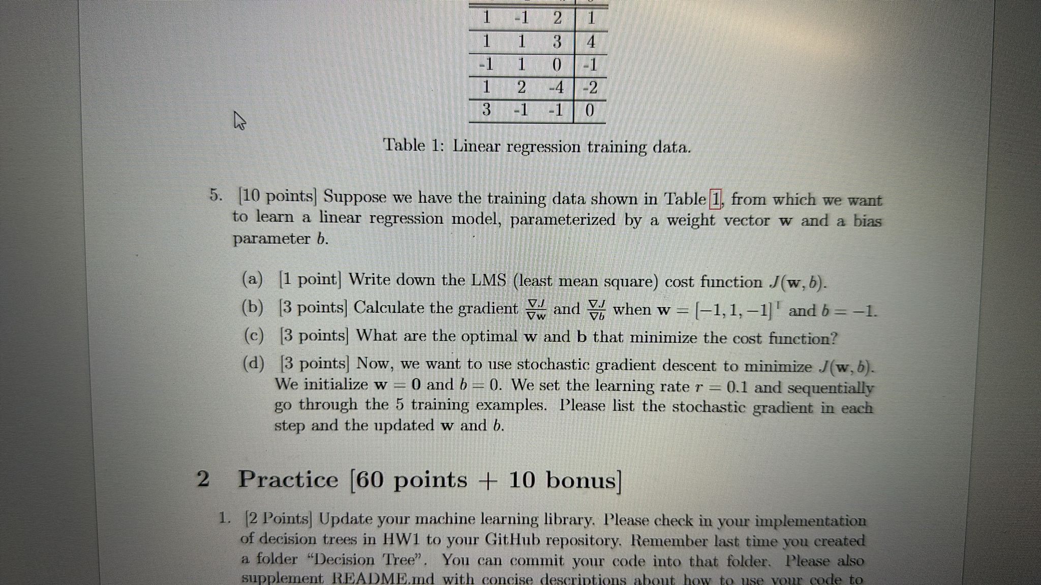 Table 1: Linear regression training data. 5. [10 | Chegg.com