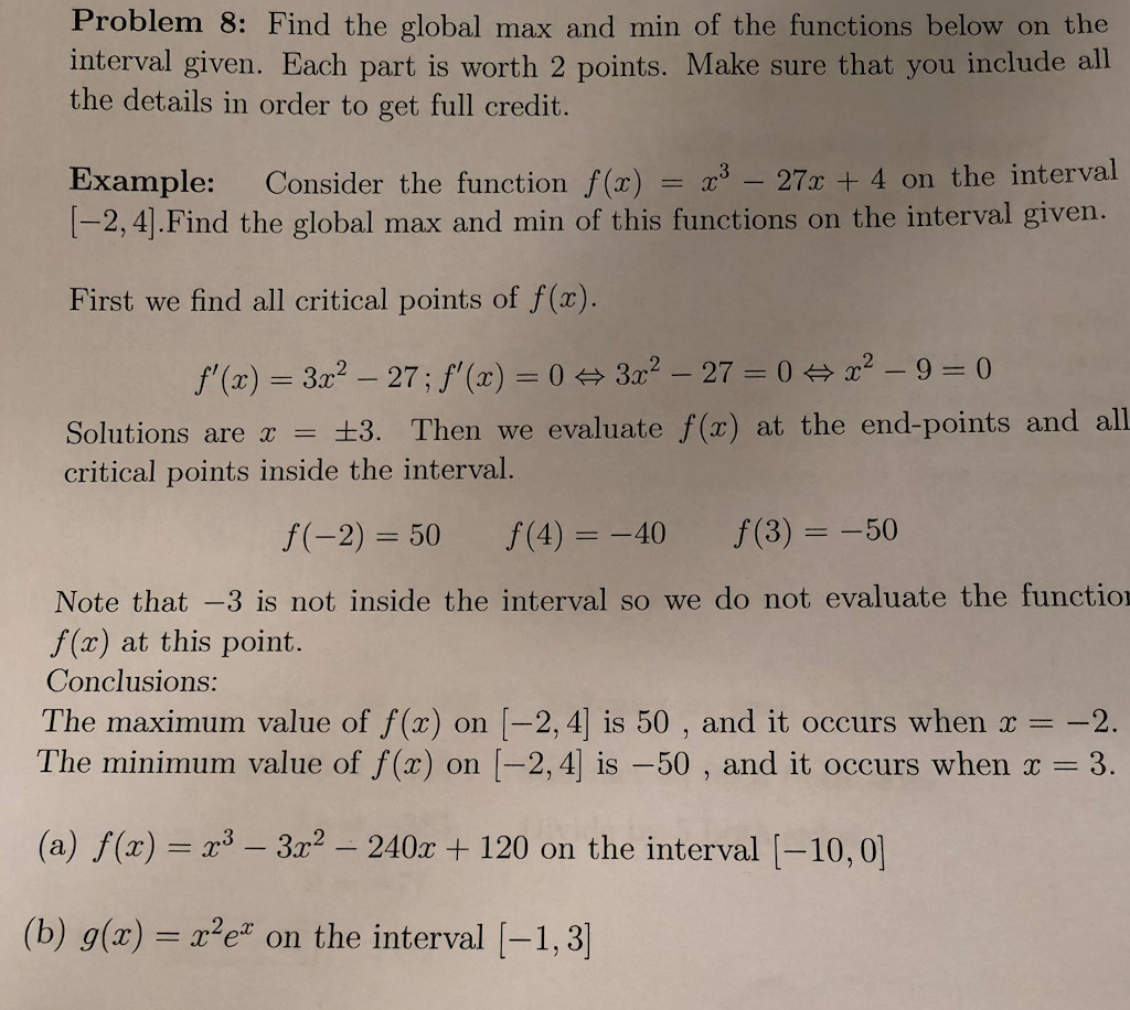 Solved Problem 8: Find the global max and min of the | Chegg.com