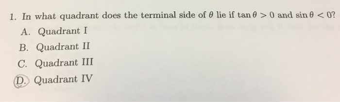 Solved I. In what quadrant does the terminal side of θ lie | Chegg.com