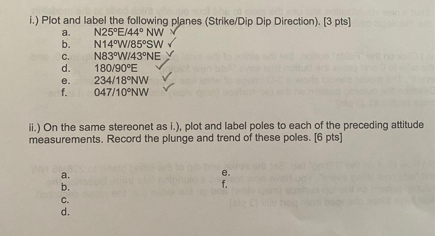 Solved i.) Plot and label the following planes (Strike/Dip | Chegg.com
